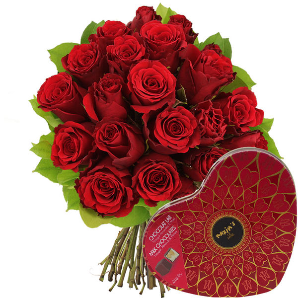 Cadeaux Gourmands "20 ROSES ROUGES + COEUR ROUGE DE CHOCOLATS ...