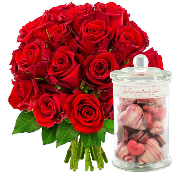 Cadeaux Gourmands "20 ROSES ROUGES + BONBONNIERE COEURS CHOCO ...