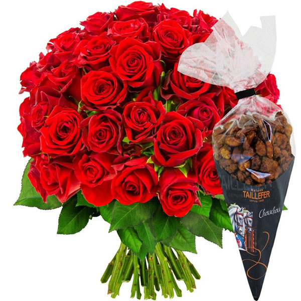 Cadeaux Gourmands "60 ROSES ROUGES + CORNET DE CHOUCHOUS" - Livraison ...