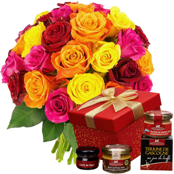 Cadeaux Gourmands "30 ROSES MULTICOLORES + COFFRET CARRE ROUGE ...