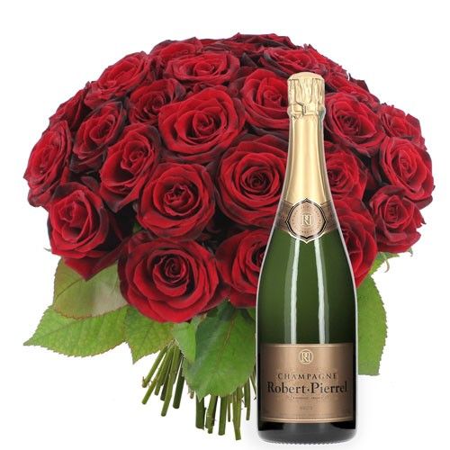 Bouquet de roses "25 ROSES ROUGES + CHAMPAGNE PIERREL" - Livraison ...