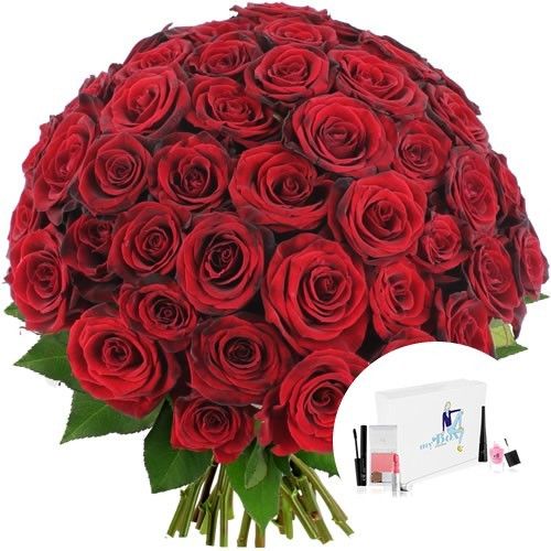 Bouquet de roses "60 ROSES ROUGES + COFFRET BEAUTE ROSE" - Livraison ...