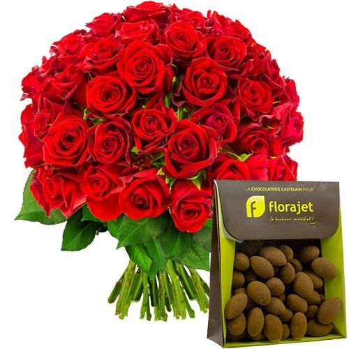 60 Roses Rouges et Amandes Cacaotées - Livraison en Express