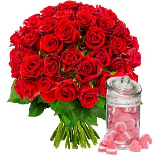 Cadeaux Gourmands "60 ROSES ROUGES + BOCAL MINICOEURS GOUT CERISE ...