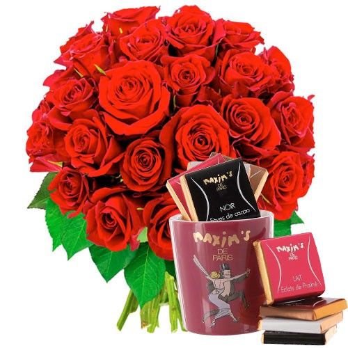 Cadeaux Gourmands "40 ROSES ROUGES + 3 TASSES GOURMANDES" - Livraison ...